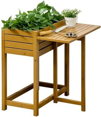 OUTSUNNY Hochbeet Blumenkasten Pflanzkasten mit klappbarer Tischplatte, Kr&auml;uterbeet mit Innenverkleidung aus Vlies, f&uuml;r Garten, Terrasse, Holz, Braun, 64 x 63 