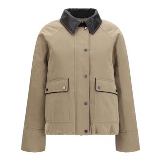 Brunello Cucinelli Veste matelass&eacute;e en duvet avec col en cuir - Femme - Vestes - Beige - Taille: 42 FR