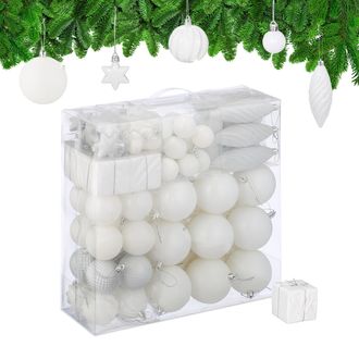 Relaxdays Weihnachtskugeln 110er Set, Kunststoff, Weihnachtsbaumdeko mit Kugeln & Lametta, Christbaumschmuck, weiß