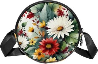 Generic Petit sac &agrave; bandouli&egrave;re circulaire pour femme, motif feuilles florales, sac &agrave; dos avec fermeture &eacute;clair, bretelles r&eacute;glables, sac &agrave; main rond d&eacute;contra