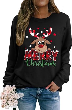 Dresswel Weihnachtspullover Damen Merry Christmas Sweatshirt Lustig Rudolph Rentier Druck Baumwolle Weihnachten Weihnachts Xmas Pullover Weihnachtspulli Teenag