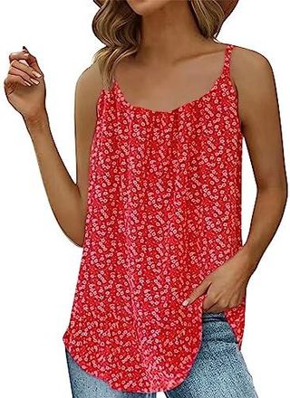 Generic Débardeur léger pour femme - T-shirt floral avec bretelles imprimées - Haut ample - Petite maison, Rouge, 3XL