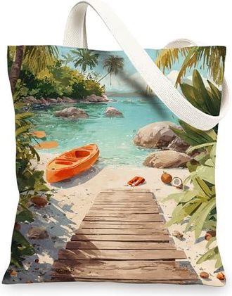 Generic Sacs fourre-tout en toile tropicale, motif scène naturelle, sacs dépicerie réutilisables, style plage décontracté, légers et lavables, sacs en toile p