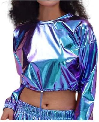 Generic 2026 Hauts m&eacute;talliques &agrave; manches longues pour femme haut court extensible brillant &agrave; manches longues et col montant pour clubwear chemisiers m&eacute;talliqu