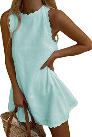 TOMWELL Robe Été Femme de Plage Rétro Grande Taille Robes Col V Lin Robes au Genou Manches Courte Unie Casual Tuniques B Vert 42