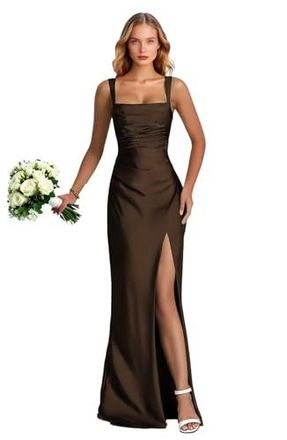 Generic Robe de demoiselle dhonneur en satin pour femme - Robe de bal sir&egrave;ne - Bretelles spaghetti - Corset long pliss&eacute; - Robe de soir&eacute;e formelle avec fente, 