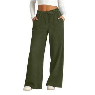 Generic Pantalon de jogging &agrave; jambe large pour femme - Taille haute &eacute;lastique - Pantalon de jogging droit r&eacute;tro d&eacute;lav&eacute; - Pantalon en jean d&eacute;contract&eacute; &agrave; enfile