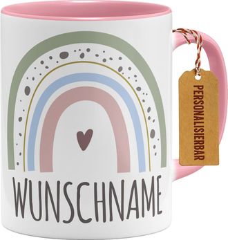 OM3 Personalisierte Boho Regenbogen Kaffee-Tasse mit Wunschnamen - individuelle Geschenkidee Lieblingstasse - Keramik Becher - 325ml - Beidseitig Bedruckt