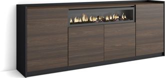 Skraut Home | Sideboard, Highboard | Kommode, Komodenschrank | 207x80x37 cm | 4 Türen | Elektrokamin. | Moderner Stil | Dunkler Eiche und Schwarz