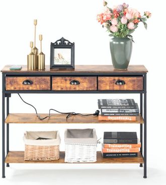 Furniture R FurnitureR Table basse console avec ports USB, prises &eacute;lectriques, table dentr&eacute;e pour salon, couloir, meuble multim&eacute;dia avec 3 tiroirs et &eacute;tag&egrave;re de