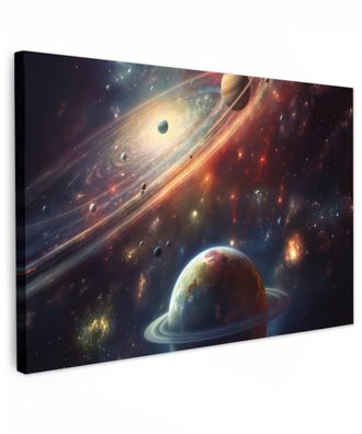 MuchoWow &copy; Wandbilder Gro&szlig; 120x80 cm XXL Schlafzimmer Home Deko Wohnung Bild Wohnzimmer Fotoleinwand Wand Bilder Leinwand Wall Decor Weltraum - Planeten - Neon