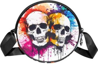 Generic Petit sac &agrave; bandouli&egrave;re rond pour femme, motif t&ecirc;te de mort, avec fermeture &eacute;clair, bretelles r&eacute;glables, style d&eacute;contract&eacute;, pour femmes et filles