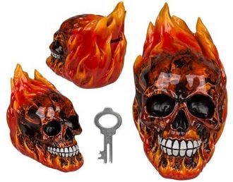 Out of the Blue Spardose mit Schloss, Totenkopf mit Feuer, ca. 16 x 16 cm, aus Polyresin