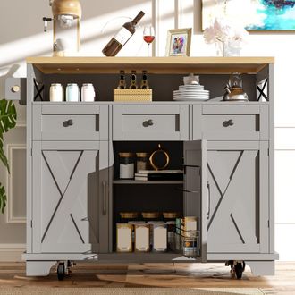 Generic Moderne Kücheninsel mit Holzmaserung, Küchen- und Essschrank auf Rollen, klappbare Arbeitsplatte, vielseitiger Stauraum mit Schubladen, Türen und Hand