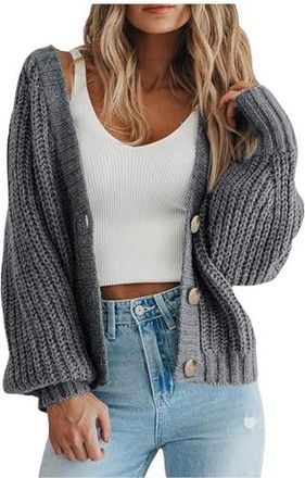 Generic Pull &eacute;pais ouvert sur le devant &agrave; manches longues en tricot boutonn&eacute; pour femme, gris, XXL