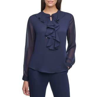 Tommy Hilfiger Damen Long Sleeve Ruffle Front Blouse Bluse, Mitternacht/Ausflug, einfarbig (Midnight//Getaway Solids), X-Groß