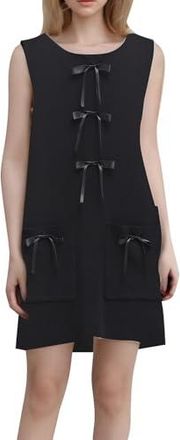Generic Mini robe d&eacute;t&eacute; sans manches pour femme - Style d&eacute;contract&eacute; avec noeud et col rond - Coupe ample en tricot avec poches - Robe d&eacute;t&eacute; boh&egrave;me - Robe ample 