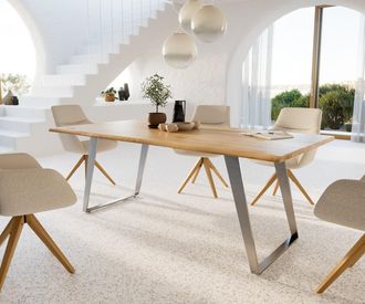 DELIFE Esstisch Edge 200x100x2,5-3 Eiche Natur Edelstahl Schräg Live-Edge, Esstische, Baumkantenmöbel, Massivholzmöbel, Massivholz