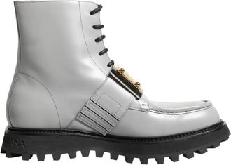 Dolce & Gabbana Homme, Chaussures, Gris, Taille: 45 EU Bottines &agrave; Lacets avec Plaque Logo en Cuir