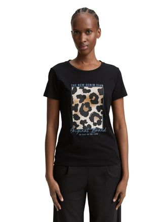 Tom Tailor Damen 1047863 T-Shirt mit Leo-Print, 14482-Deep Black, XS