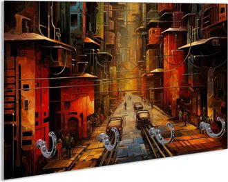 Wallario Schlüsselbrett aus Glas 30 x 20 cm, Wand Schlüsselhalter mit 4 Haken, Motiv: Stadt der Zukunft