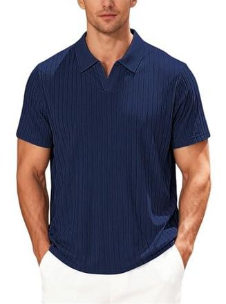 Generic Polo d&eacute;t&eacute; tendance et respirant &agrave; rayures avec col en V et &eacute;lastique pour homme, noir fonc&eacute;, XXL