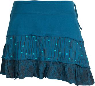 vishes Alternative Bekleidung - Asymmetrischer Damen Baumwollrock mit R&uuml;schen Taschen und Bl&uuml;mchen t&uuml;rkis 42-44