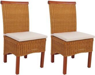 Hhg jamais utilis&eacute;] Lot de 2 chaises M42 salle &agrave; manger, rotin/bois, 46x50x96cm, avec coussins