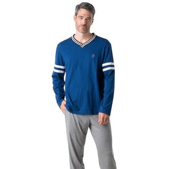 Eminence Pyjama Long Homme Club- Jersey 100% Coton Peign&eacute; - T-Shirt Manches Longues Col V + Pantalon 2 Poches - Label Oeko-TEX Standard 100