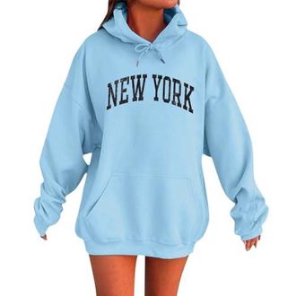 Generic Sweat &agrave; capuche graphique printemps 2026 pour femmes avec cordon de serrage et pull &agrave; manches longues avec poche, bleu clair, XL