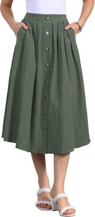 Allegra K Jupe Mi-Longue Trapèze Femme en Coton à Taille Élastique Décontractée Jupe Plissée Boutonnée sur Devant avec Poches Armée Verte XS