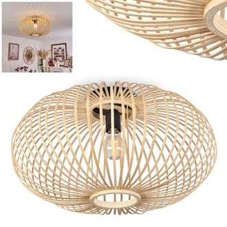 HOFSTEIN Deckenleuchte Oravi, runde Deckenlampe aus Holz/Metall in Natur/Schwarz, Leuchte in Gitter-Optik mit tollen Lichteffekten an der Decke, &Oslash; 50 cm, 1-fla