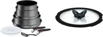 T-fal Ingenio Batterie de cuisine 10 p, Po&ecirc;les, Casseroles, Induction, Rev&ecirc;tement antiadh&eacute;sif & Ingenio Couvercle en verre 18 cm,Rangement gain de place,Poi