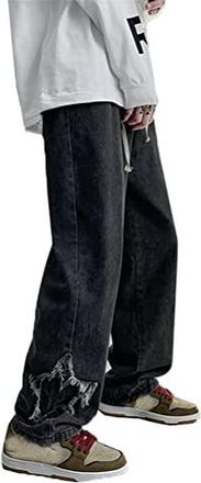 ORANDESIGNE X Noir Jean Hip Hop Homme Coupe Droite Vintage Denim Pantalons à Imprimé Étoiles Baggy Lâche Fit Jambe Droite Pantalon Rétro Y2K Streetwear Unisexe XS