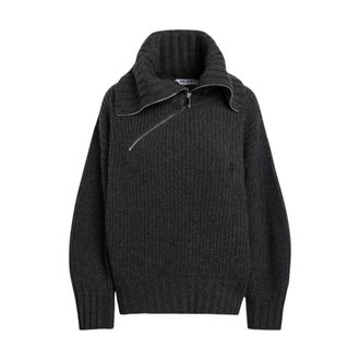 The Attico Pull en maille c&ocirc;tel&eacute;e &agrave; col mock et zip asym&eacute;trique - Femme - Pulls - Gris - Taille: 38 FR