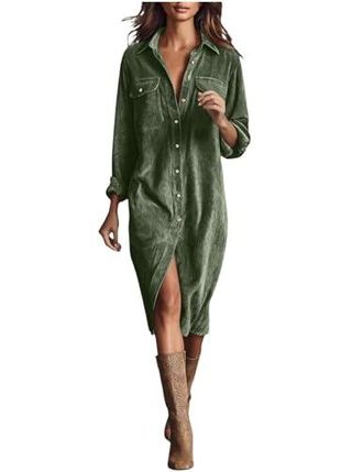 Generic Robe droite pour femme, robe chemise boutonn&eacute;e en velours c&ocirc;tel&eacute;, robe d&eacute;contract&eacute;e &agrave; revers avec poches, Vert, XXL