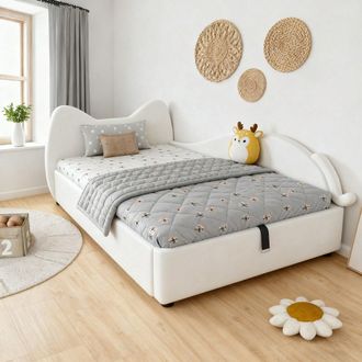 Generic Kinder-Polsterbett mit niedlichem Katzen-Design & hydraulischem Stauraum | Einzelbett 90x200 cm, beige Samt | Mit stabilen Lattenrosten