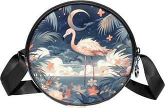 Generic Petit sac &agrave; bandouli&egrave;re circulaire pour femme, motif flamant rose tropical, sac &agrave; bandouli&egrave;re avec fermeture &eacute;clair, bretelles r&eacute;glables, sac &agrave; main r