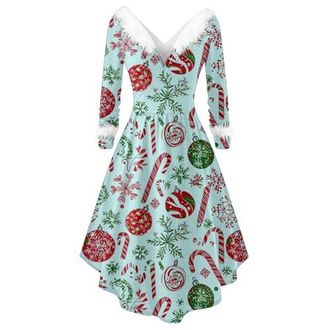 Generic Robe de Noël moche pour femme avec col en V et bordure en fausse fourrure - Manches longues - Ourlet asymétrique - Coupe décontractée - Tenue décontra