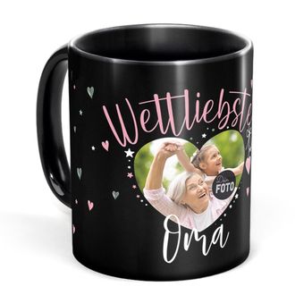 Tassendruck Schwarze Tasse mit Spruch für die weltliebste Oma - Tasse mit Foto selbst gestalten - Geschenk für Oma, Fotogeschenk Familie | Schwarze Fototasse, 300