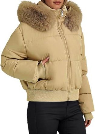Generic Vestes pour femmes 2026 en faux duvet avec grande capuche, veste dhiver taille courte, v&ecirc;tements dext&eacute;rieur pour temps froid, manteau matelass&eacute; chaud,