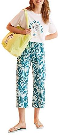 Women'secret Pantalon d&eacute;contract&eacute;, Blanc/Vert, M Femme