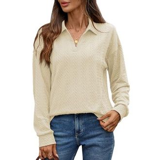 Generic Femmes Printemps Automne Revers Pull Sweatshirt Col V Sport T-Shirt Respirant Pulls Mode Polo Shirts Casual Loose Top, abricot, XXL