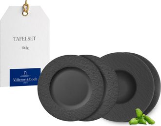 Villeroy & Boch Manufacture Rock Teller-Set, 4 Tlg., Geschirr Set Für 2 Personen, Premium Porzellan, Schwarz