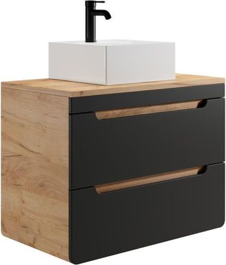 Vente-Unique Meuble de salle de bain suspendu avec vasque à poser - 80 cm - Naturel clair et anthracite - aruba
