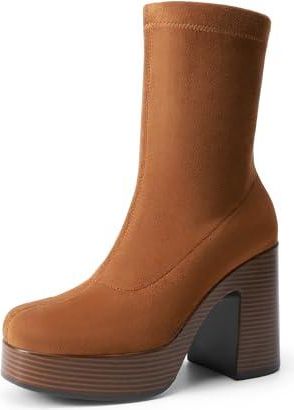 Dream Pairs Bottines à talon épais pour femme, Daim marron., 36.5 EU