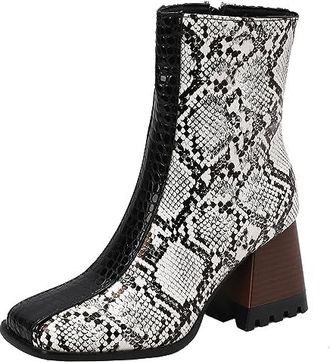 SJJH Bottines All Match pour femme avec talons épais et talons carrés, Imprimé serpent, 39 EU
