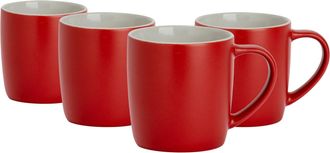 Argon Tableware 4X 350ml Matt Farbig Kaffeebecher - Rot - Keramik Steingut Tee Latté Cappuccino Tassen-Set mit Griff