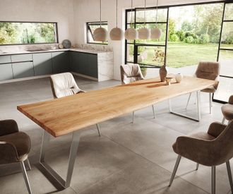 DELIFE Esstisch Edge 300x100cm Akazie Natur Edelstahl Silber schr&auml;g Live-Edge, Esstische, Baumkantenm&ouml;bel, Massivholzm&ouml;bel, Massivholz