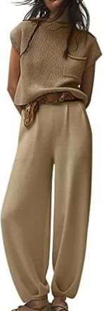 Minetom Femmes Jogging Survêtement Casual Manche Courte Tricoté Chandail Pullover Col Rond Pull Top et Pantalon Ensemble Sportwear 2 Pièces A Kaki XXL